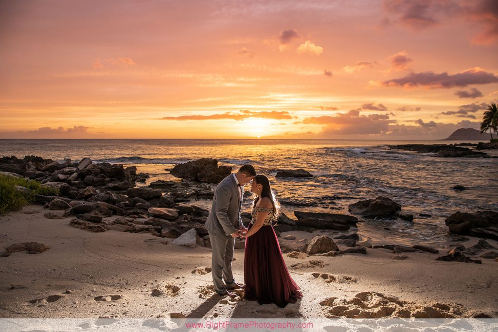 Sunset Engagement Photos || Golden Hour Light || Secret Beach, Oahu