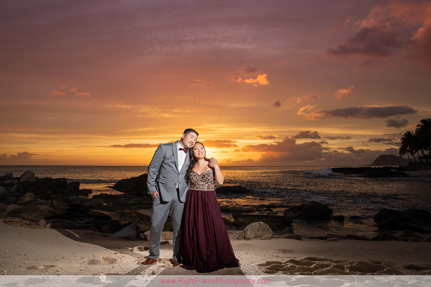 Sunset Engagement Photos || Golden Hour Light || Secret Beach, Oahu