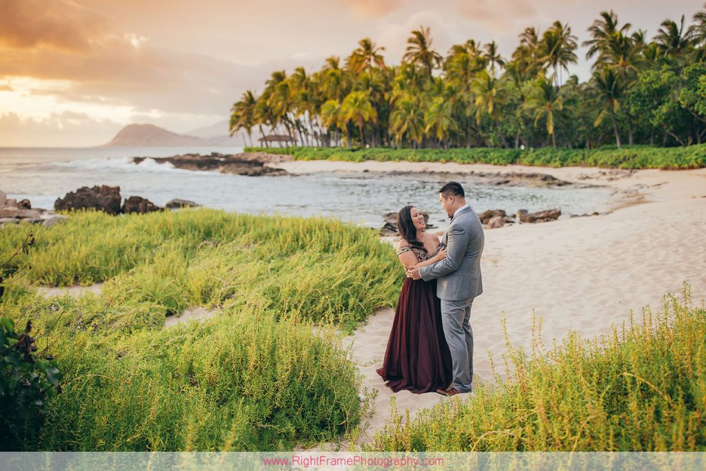 Sunset Engagement Photos || Golden Hour Light || Secret Beach, Oahu